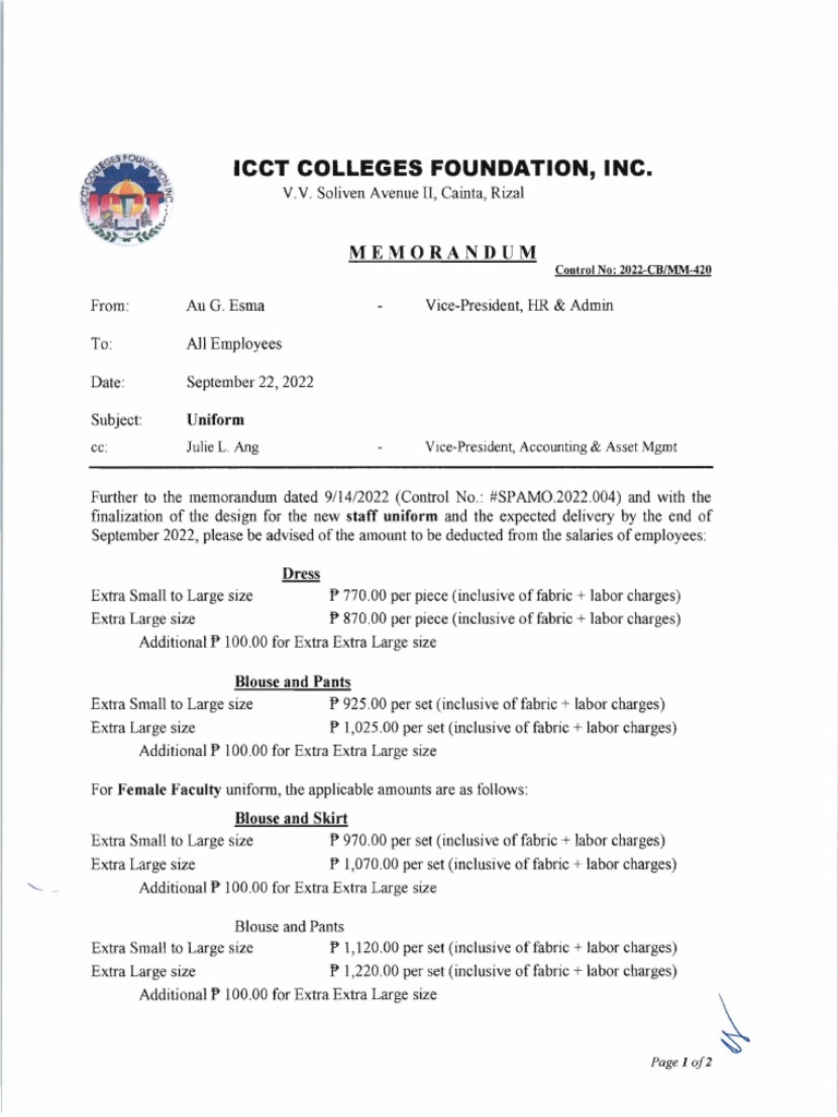 Memo Uniforms | PDF | Dress Codes | Cultural Trends