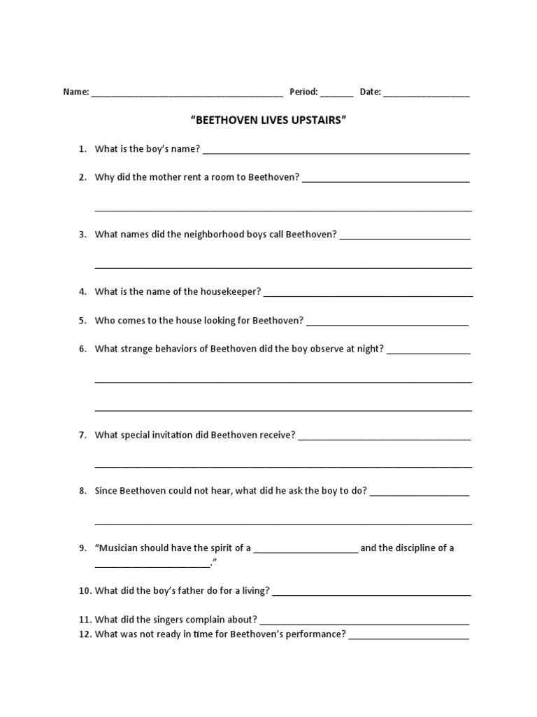 Beethoven Lives Upstairs Worksheet | PDF | Ludwig Van Beethoven