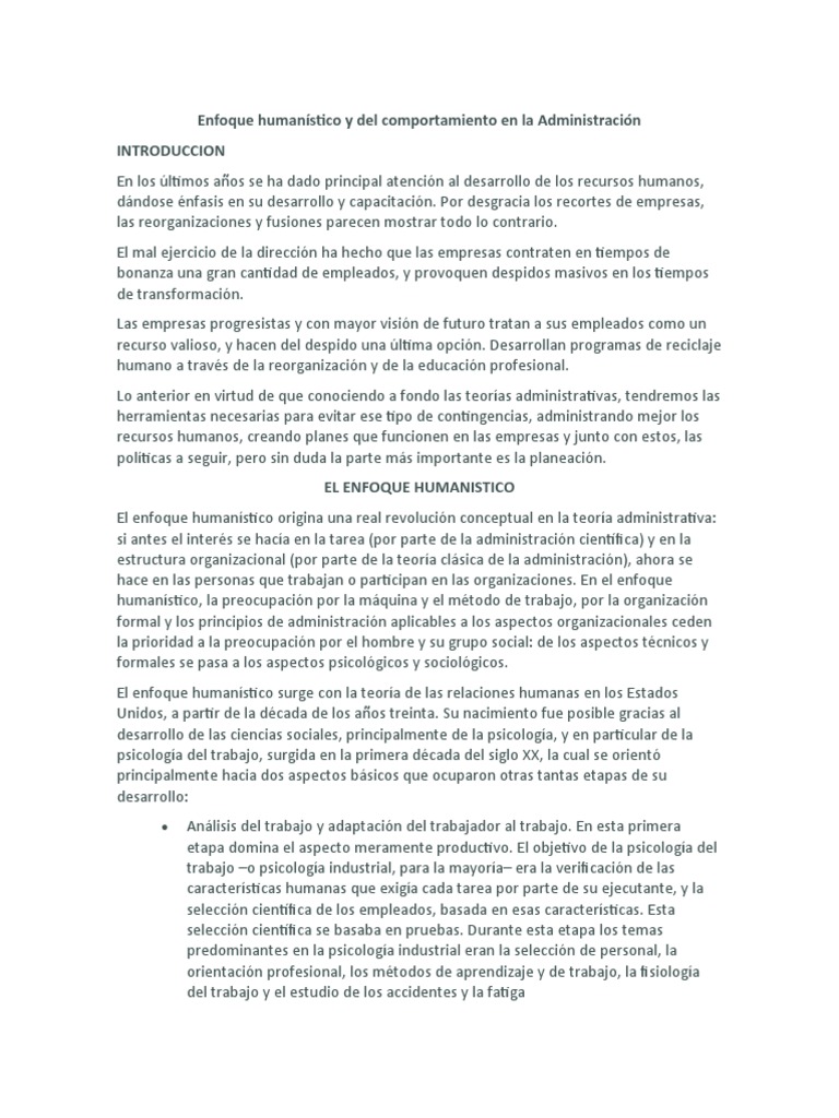 Enfoque Humanístico y Del Comportamiento en La Administración | PDF