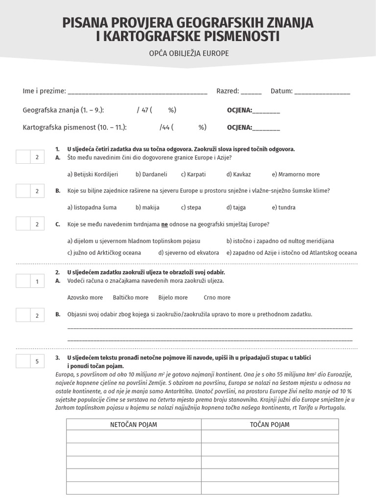 1. pisana provjera - Opća obilježja Europe-1 | PDF