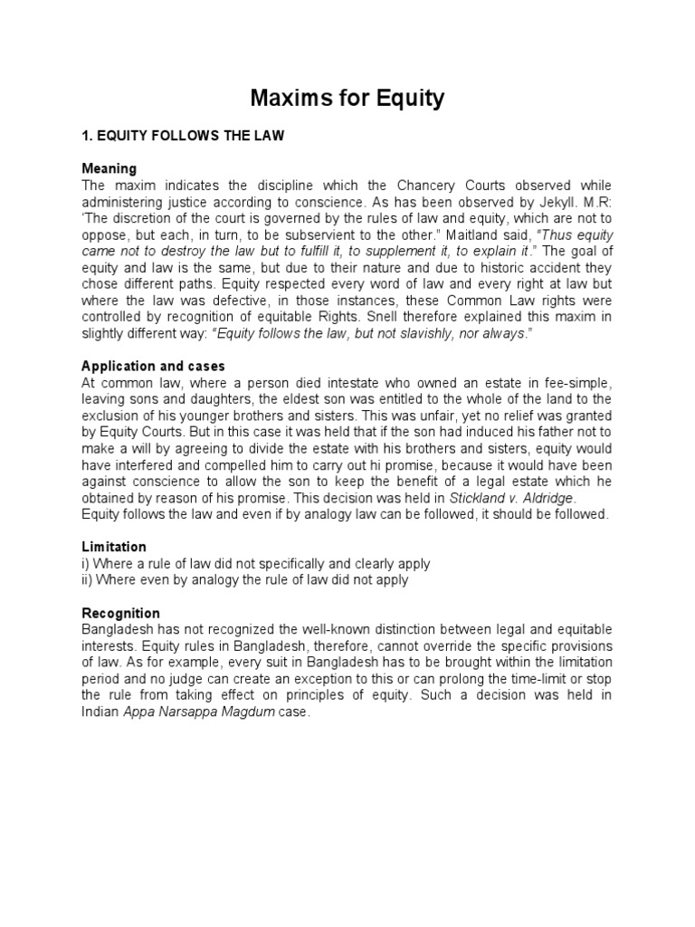 Maxims for Equity Explained | PDF | Mortgage Law | Equity (Law)
