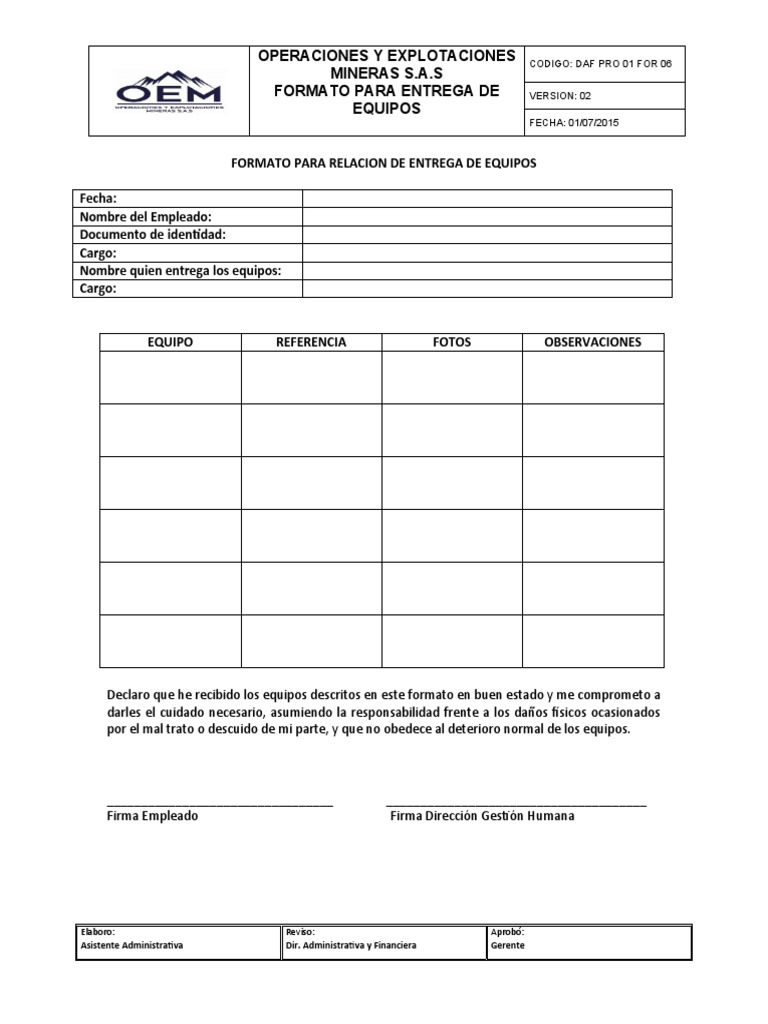 GHPR01FR04 Formato para Entrega de Equipos | PDF