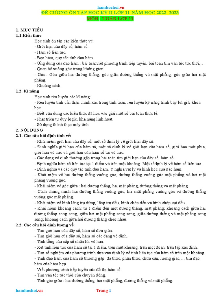 De Cuong On Tap hk2 Toan 11 Nam 22 23 | PDF
