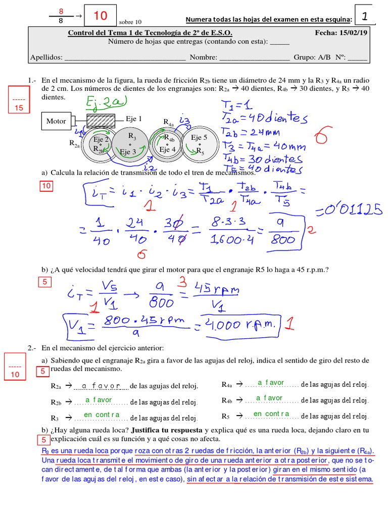 Examen Tecnología 2º 2019-02-15 T.6 | PDF | Engranaje | Vehículos