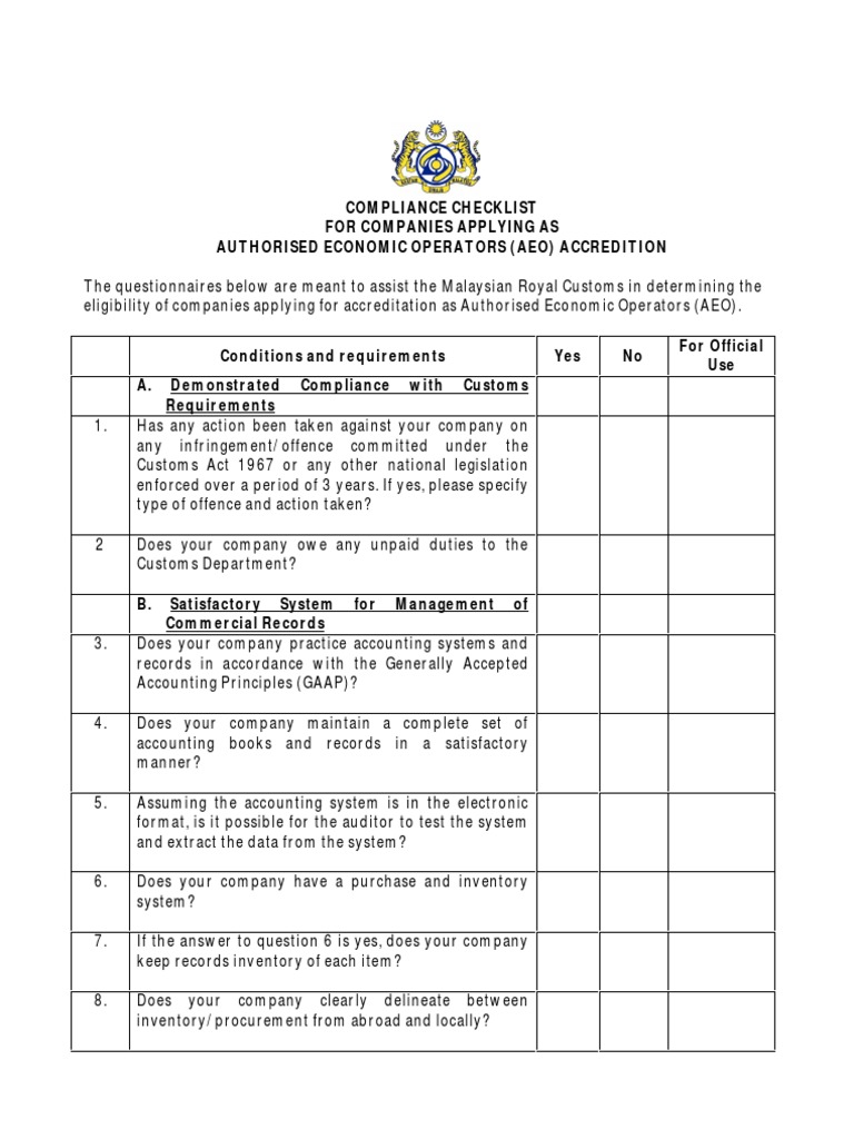 Aeo Compliance Checklist | PDF | Cargo | Employment