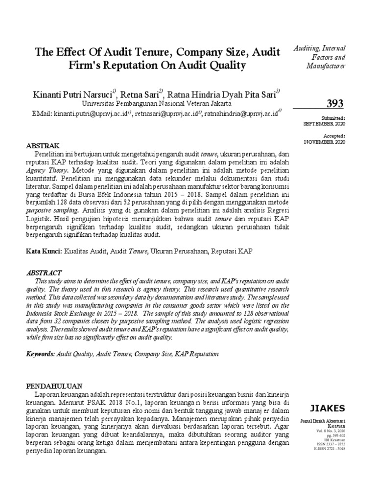 The Effect of Audit Tenure, Company Size, Audit Firm's Reputation On Audit Quality | PDF