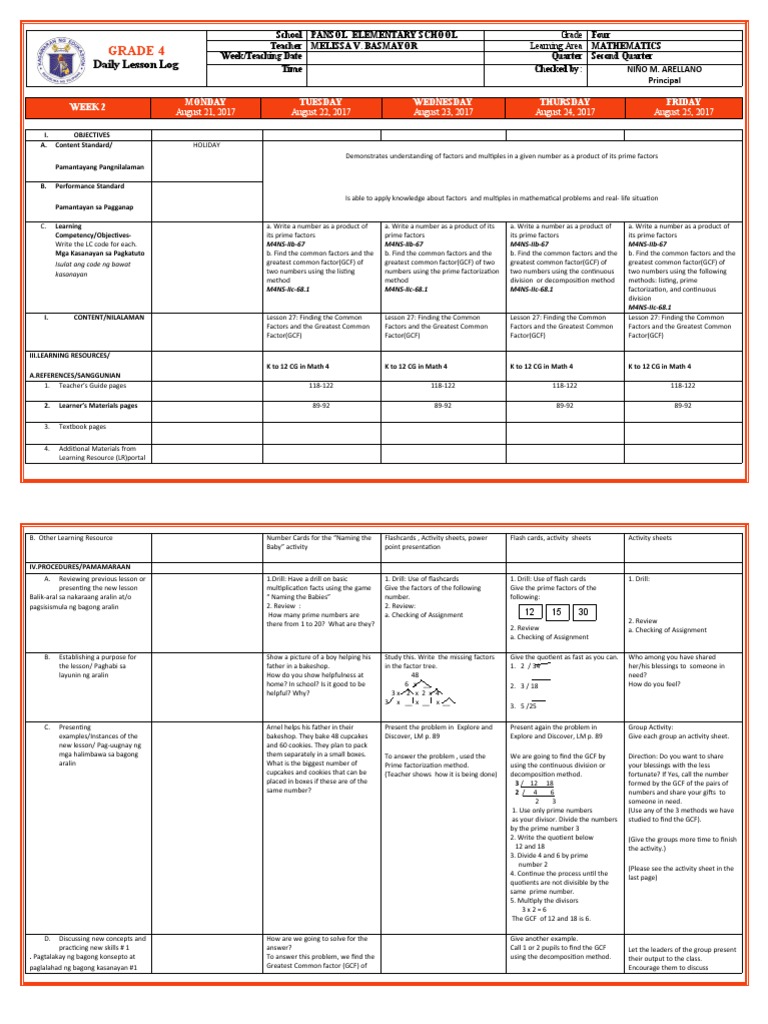 Grade 4 DLL Quarter 2 Week 2 (Sir Bien Cruz) | PDF | Flashcard ...