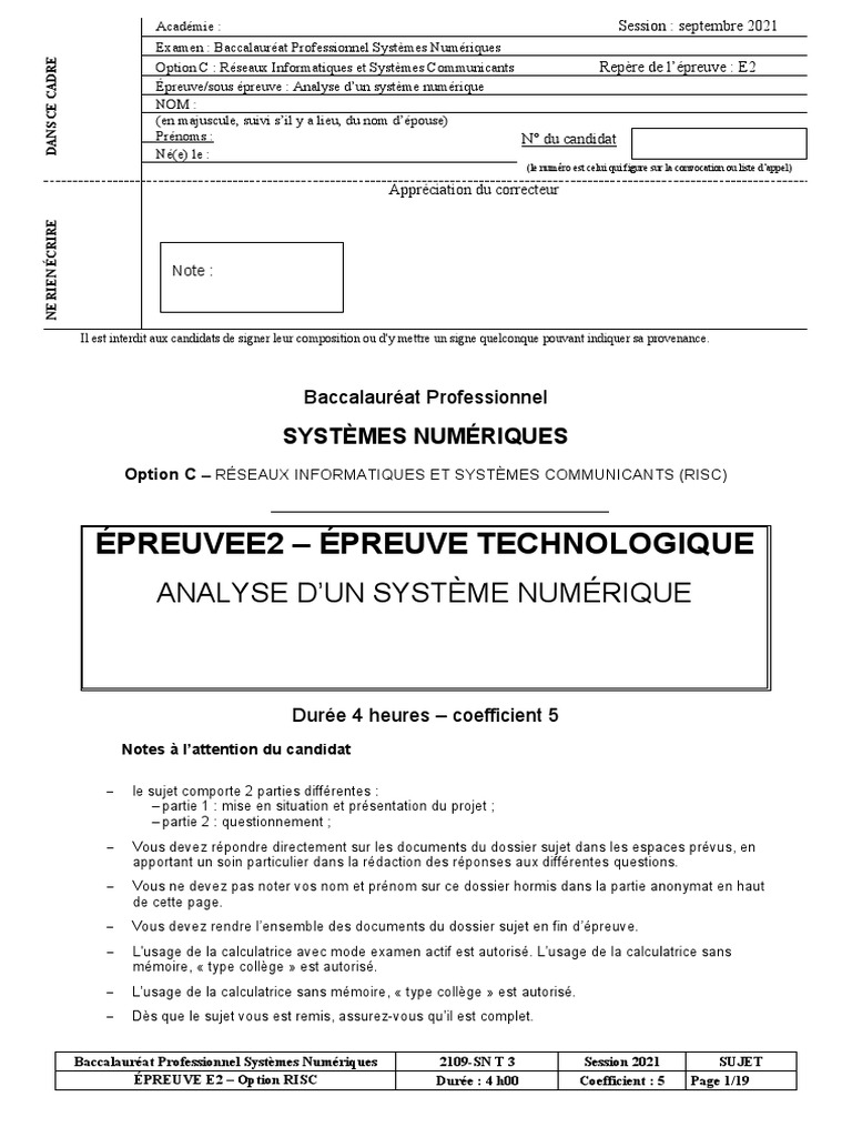 Epreuve E2 Bac Pro SN Septembre 2021 Risc Sujet | PDF