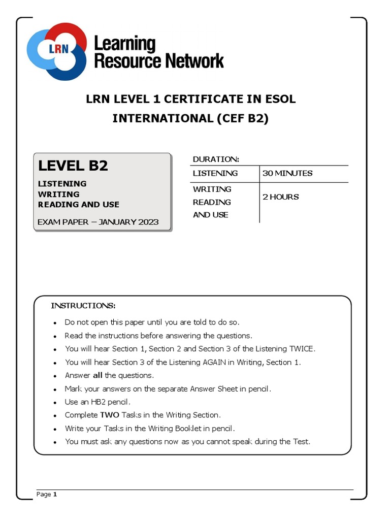 Level B2: LRN Level 1 Certificate in Esol International (Cef B2) | PDF