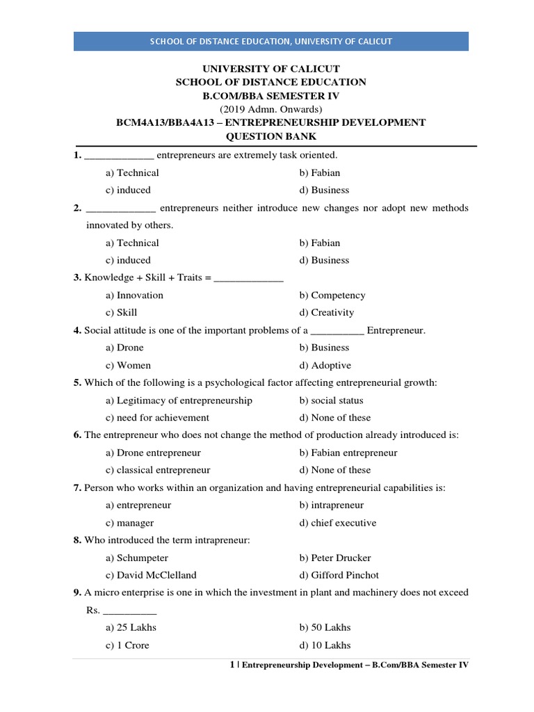 Entrepreneurship Development MCQs Guide | PDF | Entrepreneurship | Business