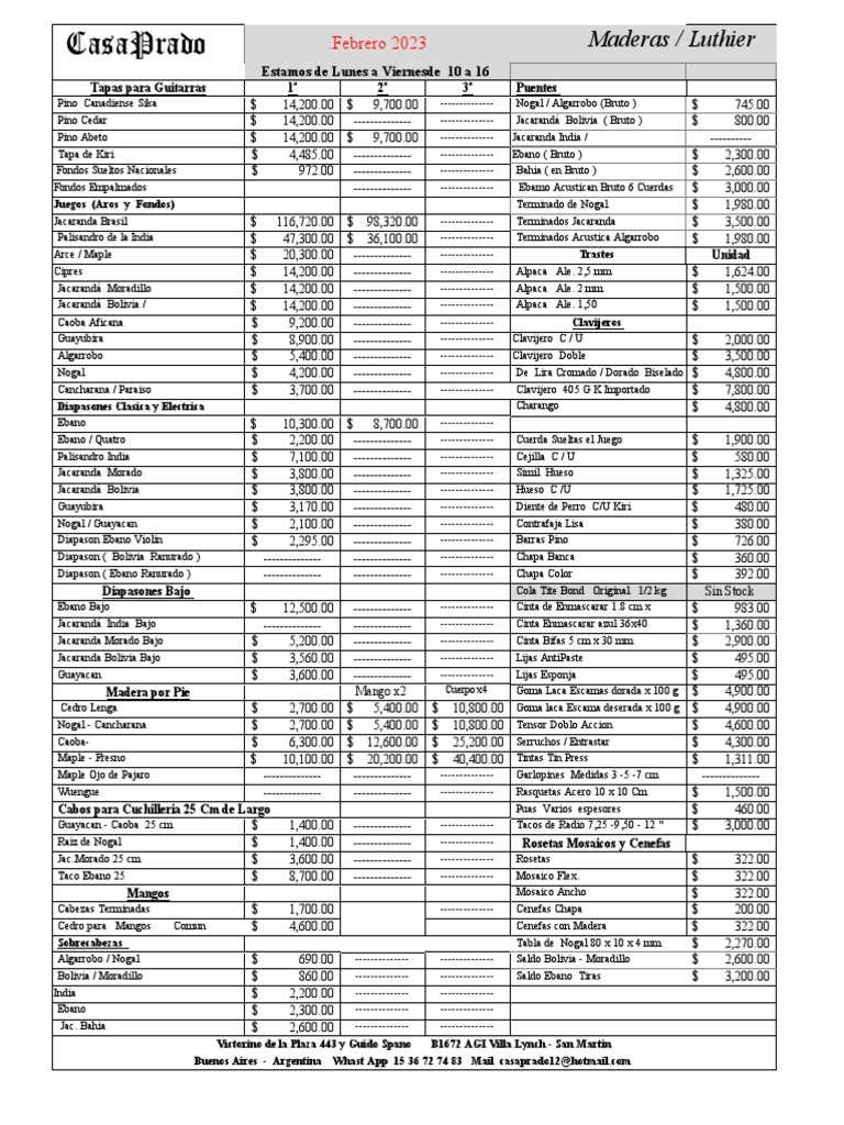Listado de precios de maderas y accesorios para luthería de CasaPrado | PDF | Productos ...