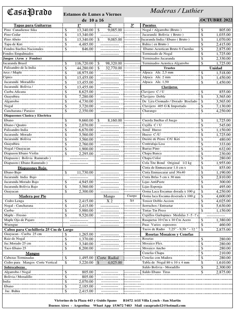 LISTA MADERAS Octubre 2022 | PDF | Productos extranjeros | Instrumentos de cuerda