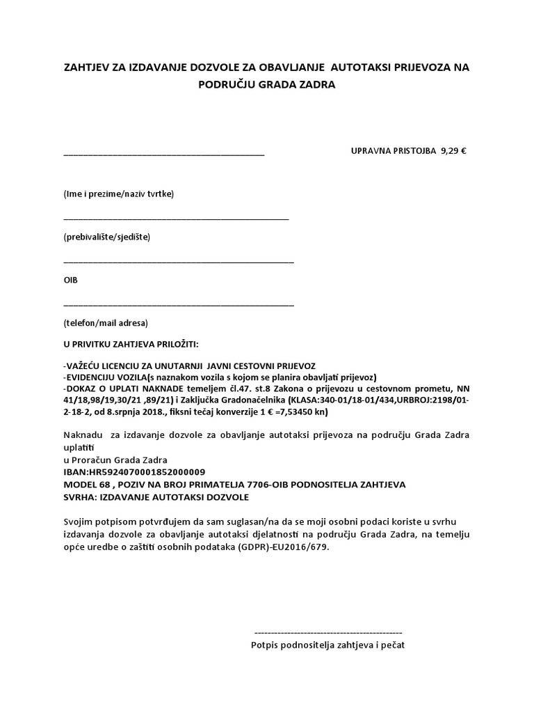 Zahtjev Taksi Dozvola Zadar | PDF