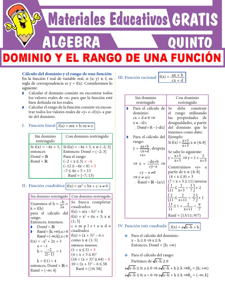 Dominio y El Rango de Una Función para Quinto Grado de Secundaria | PDF | Función (Matemáticas ...
