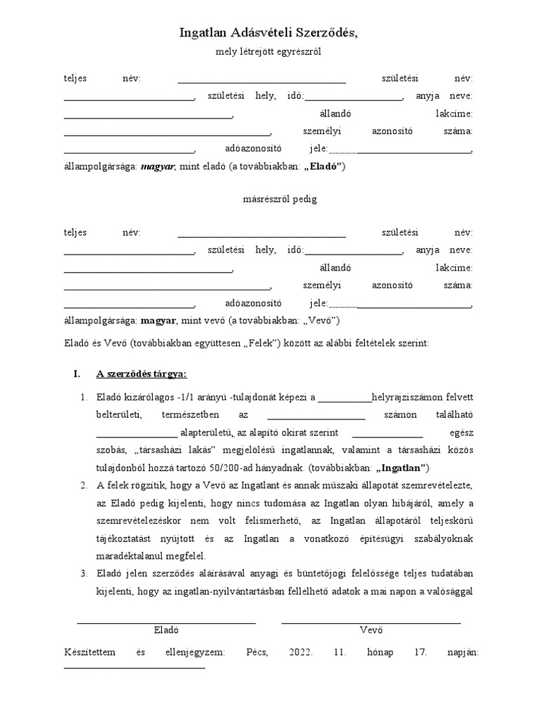 Adásvételi Szerződés Minta | PDF