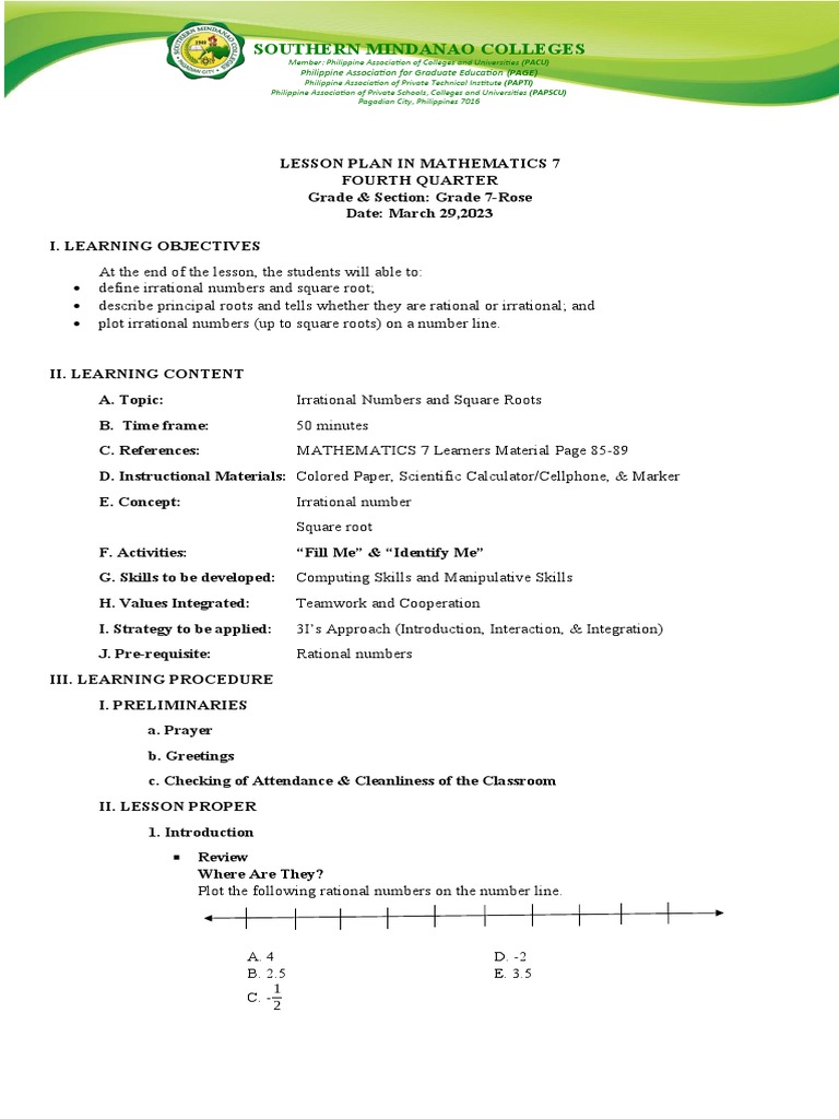 Lesson Plan About Irrational Numbers Grade 7 | PDF | Square Root | Numbers