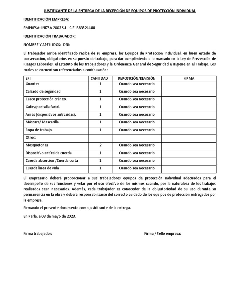 Ejemplo Editable Entrega de Epis | PDF