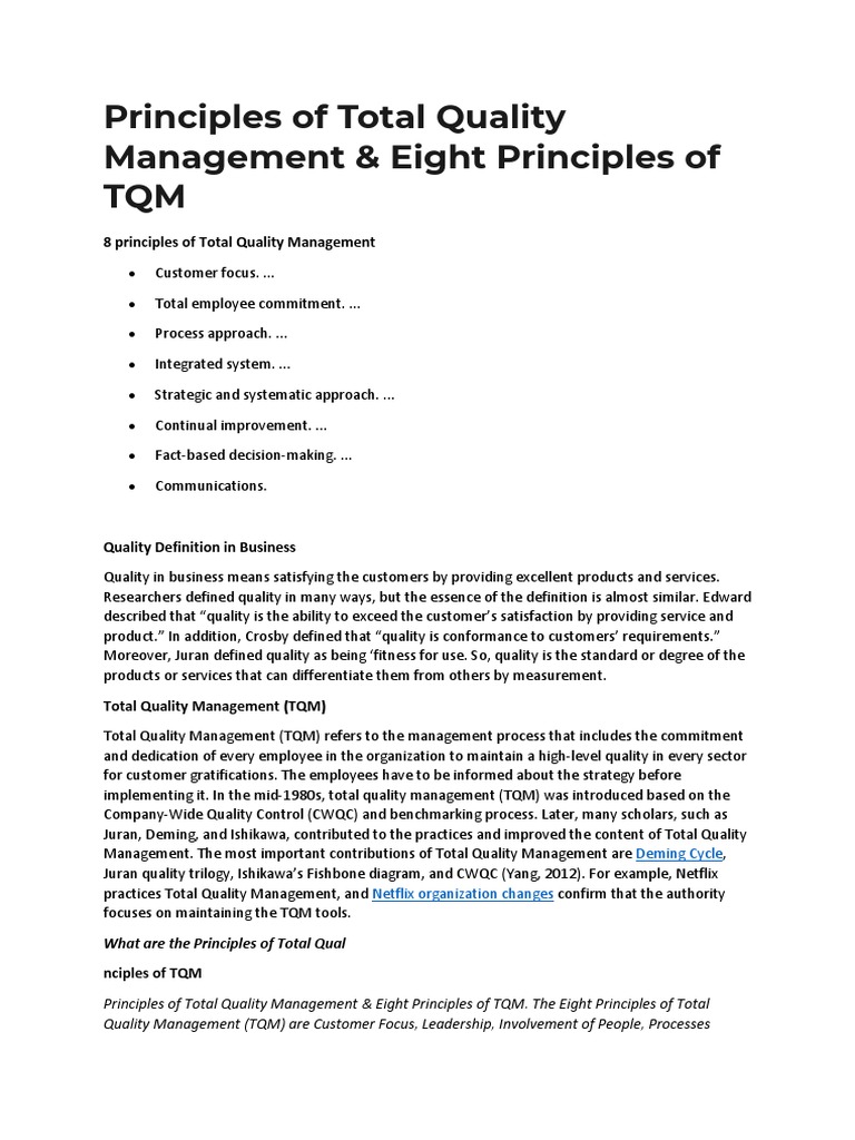 Principles of Total Quality Management | PDF