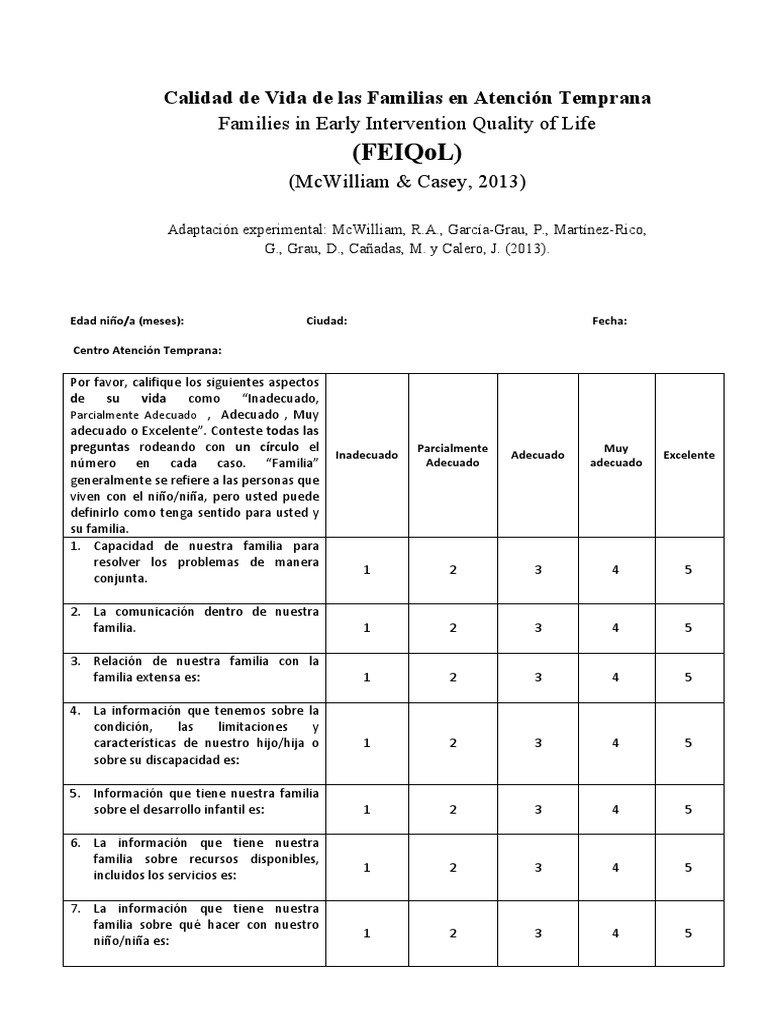 Escala de Calidad de Vida Familiar AT (Hasta 8 Años) | PDF