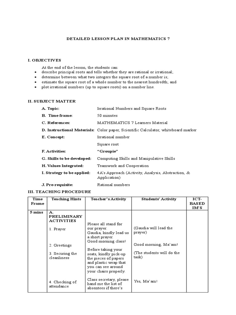 LESSON PLAN IN MATHEMATICS 7 FINAL DEMO | PDF | Numbers | Square Root