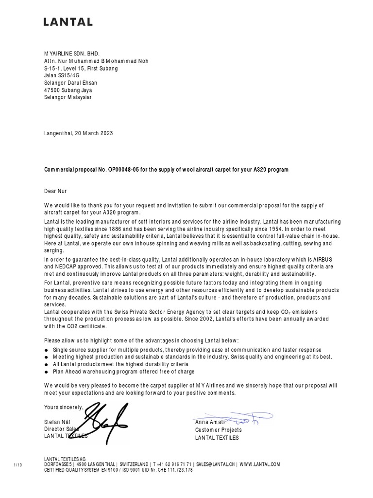 Lantal Textiles Ag CERTIFIED QUALITY SYSTEM EN 9100 / ISO 9001 UID-Nr ...