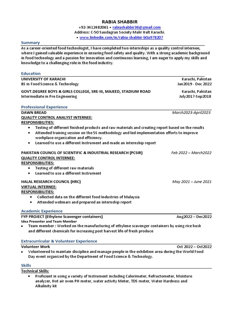 Rabia shabbir-CV | PDF | Food Science | Science