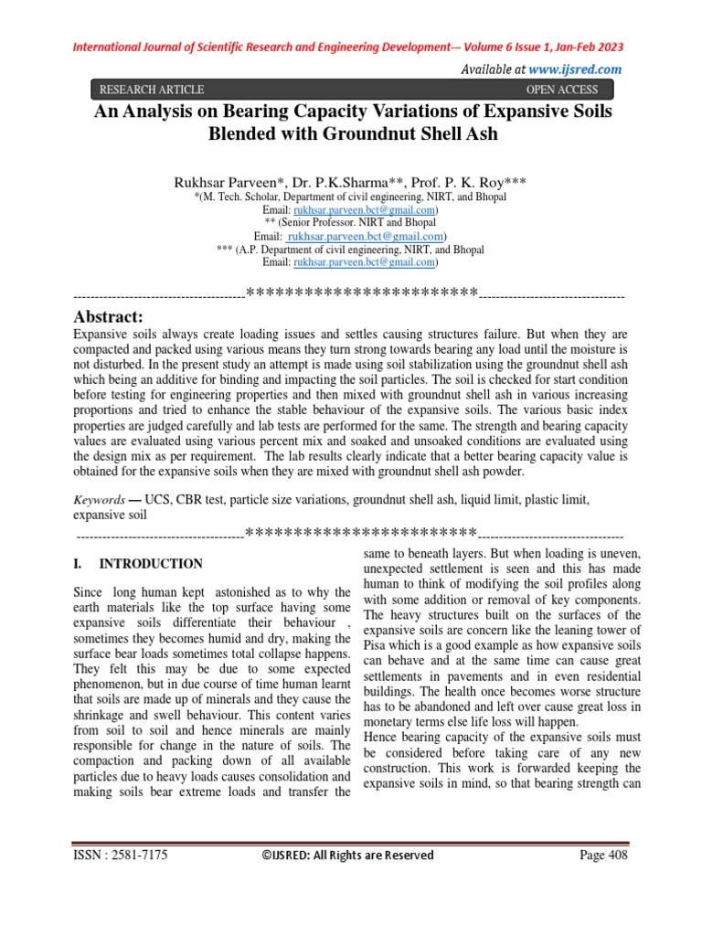 An Analysis on Bearing Capacity Variations of Expansions Soils Blended with Groundnut Shell Ash ...