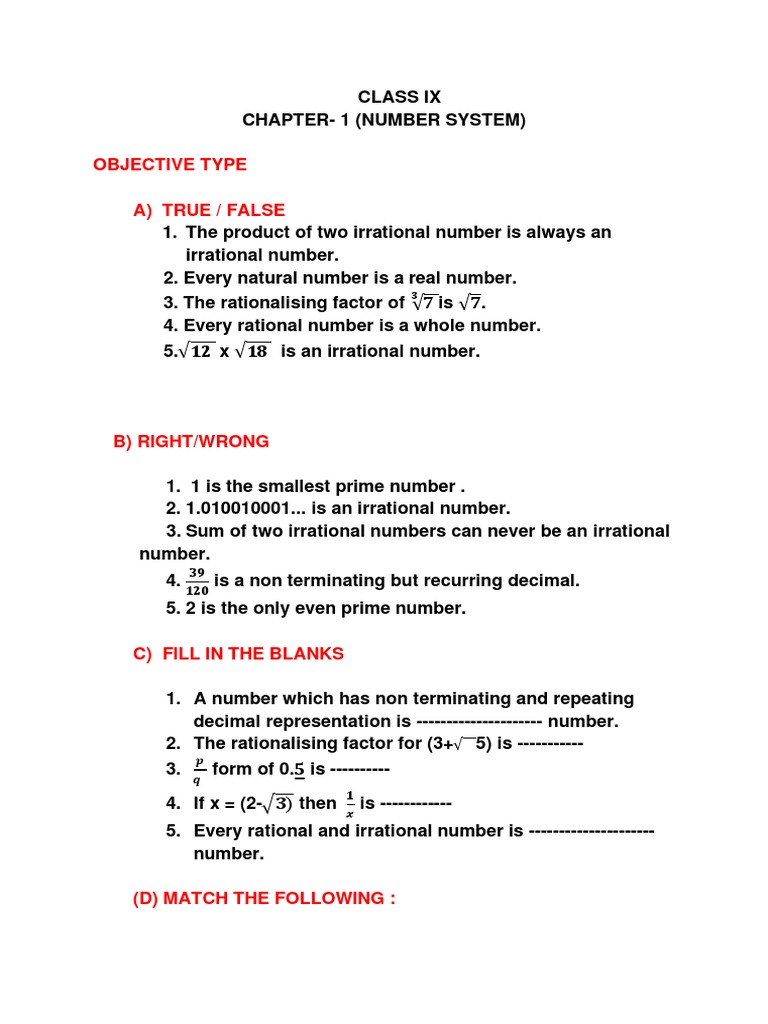 CLASS IX Chapter1 MCQ | PDF | Numbers | Rational Number