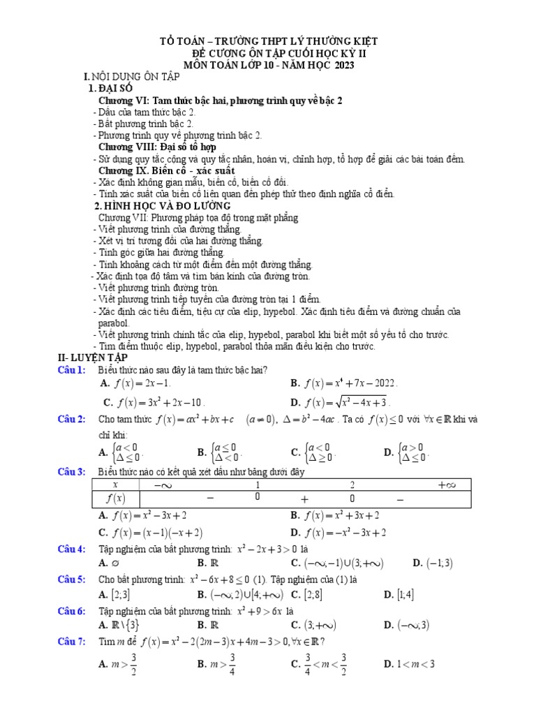 Toán 10 - de Cuong - CK2 - LTK2023 (G I Hoc Sinh) | PDF