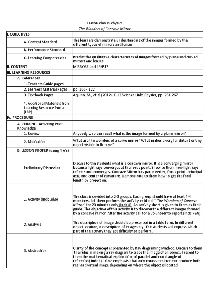 Lesson Plan - Wonders of Concave Mirror | PDF | Mirror | Natural Philosophy