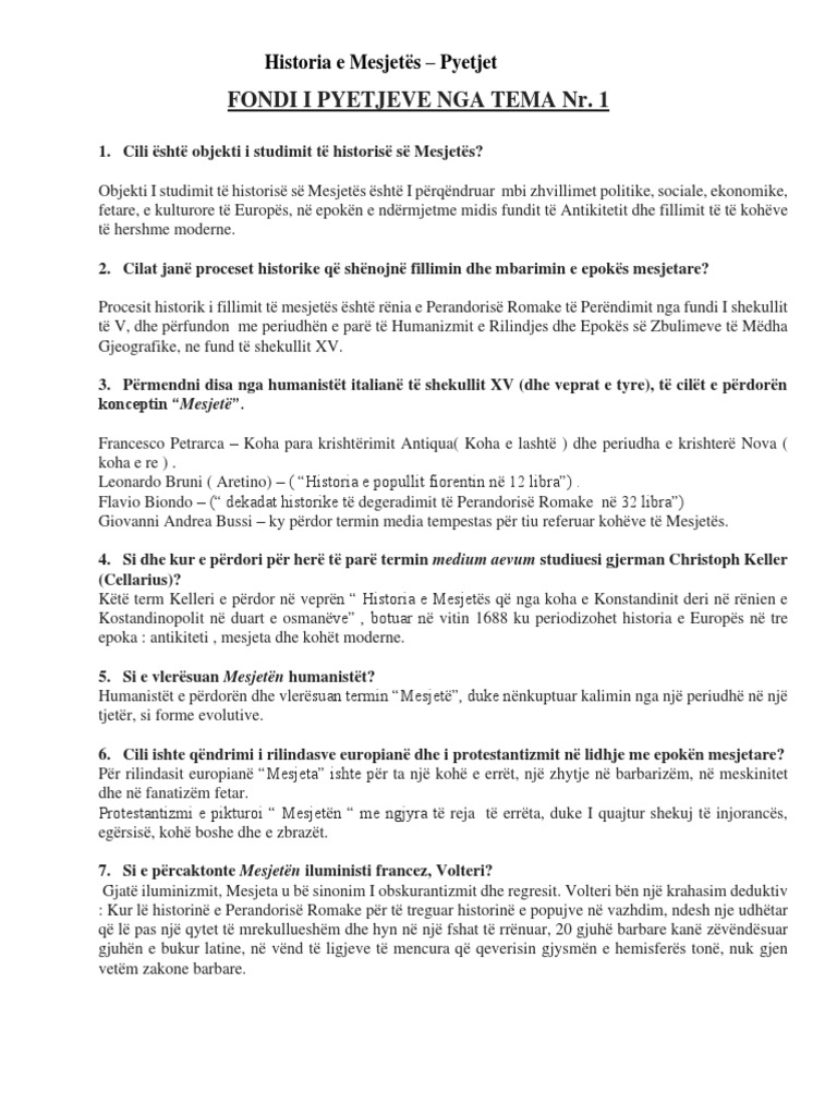 Fondi I Pyetjeve Nga Tema Nr. 1: Historia e Mesjetës - Pyetjet | PDF