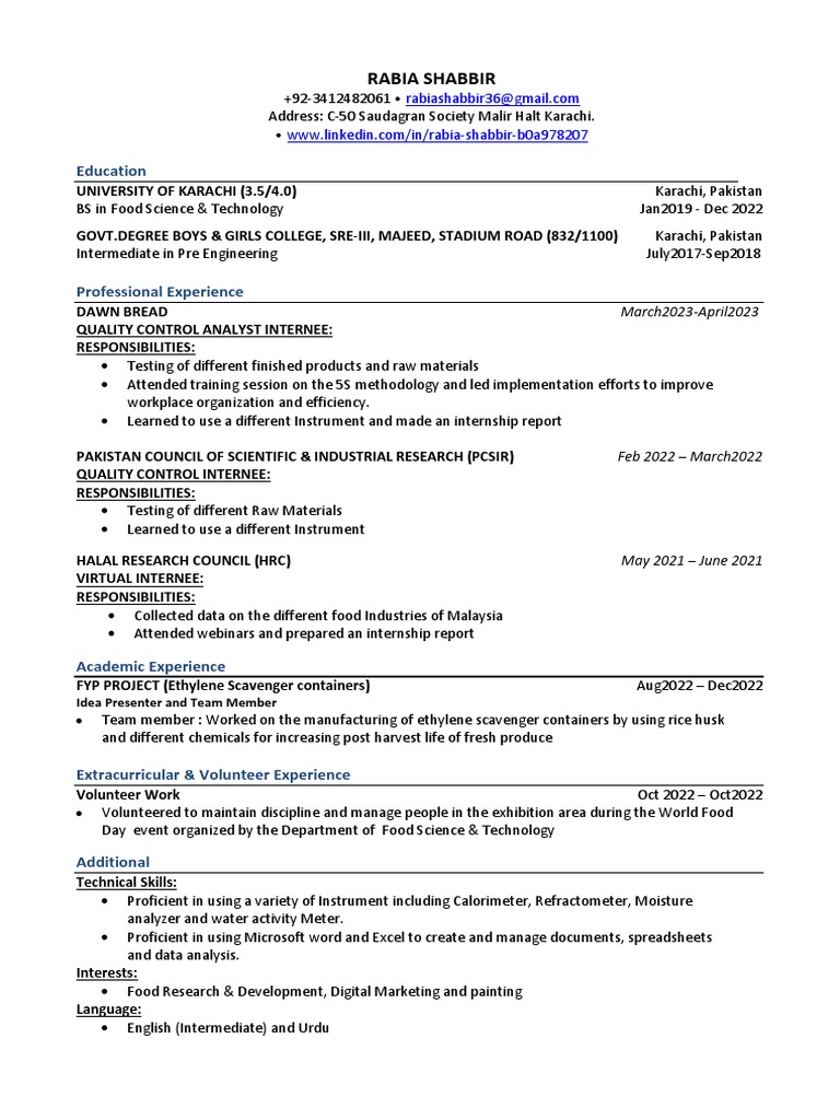 Rabia Shabbir-Resume | PDF | Science