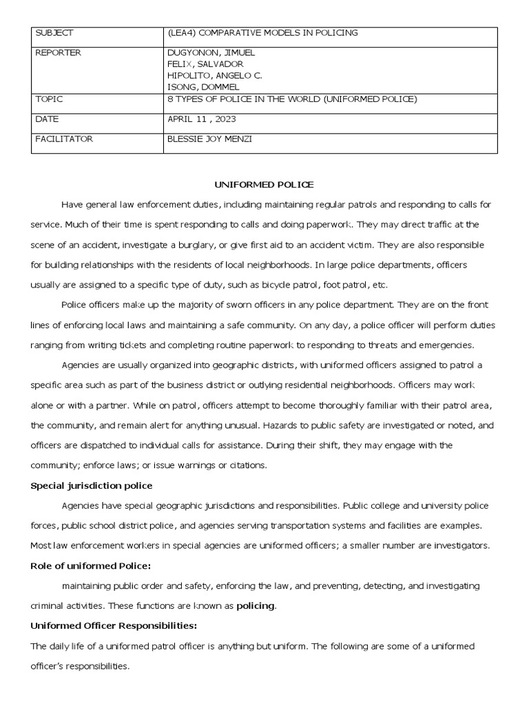 Types of Uniformed Police Roles | PDF