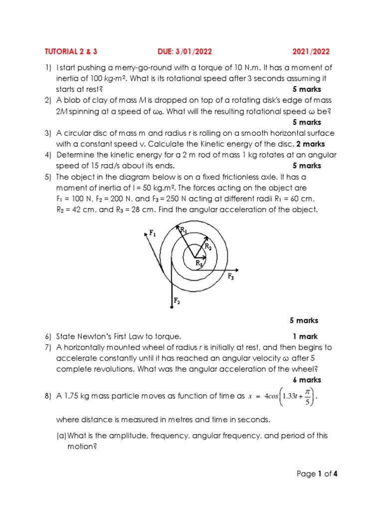 TUTORIAL - 2 and 3 - FME - FPE 111 - PHYSICS 1A - 2021-2022 | PDF | Torque | Force