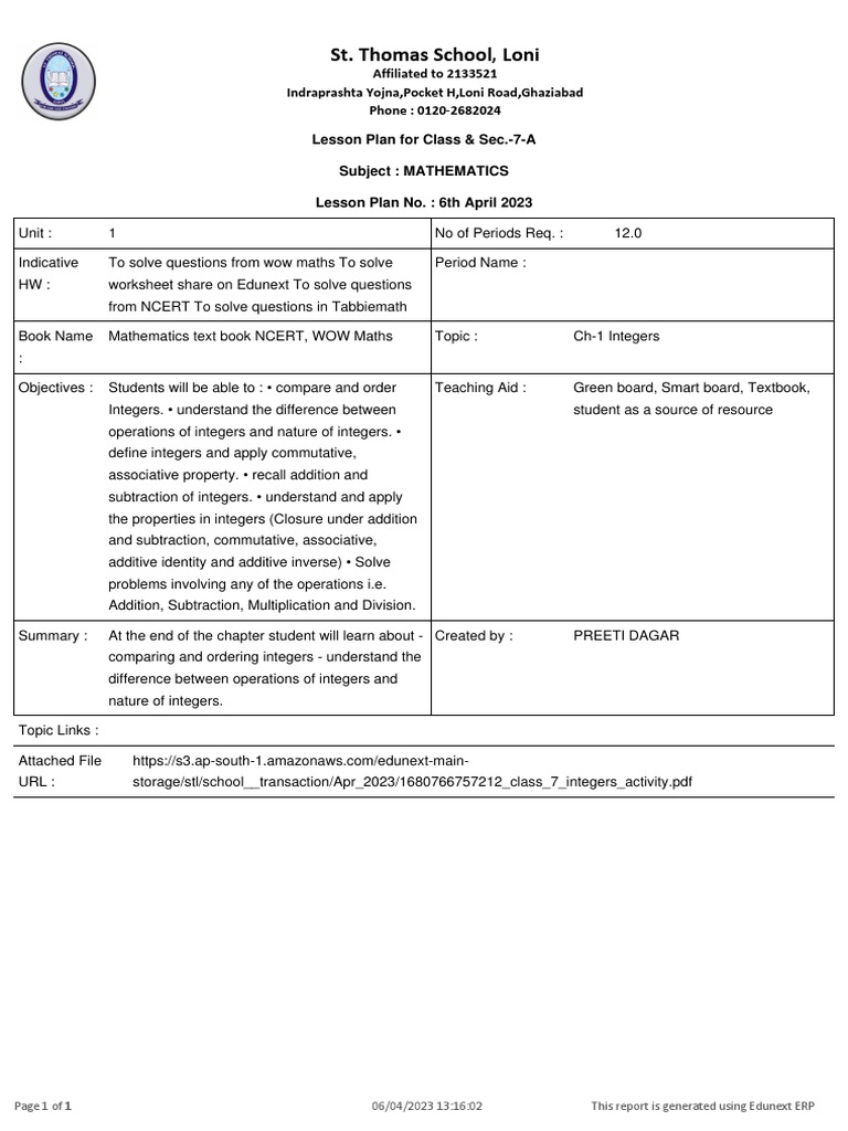 class 7 integers lesson plan | PDF