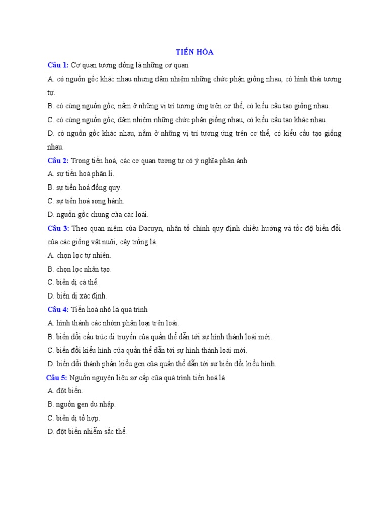 Phieu On Tap Tien Hoa Va Sinh Thai | PDF