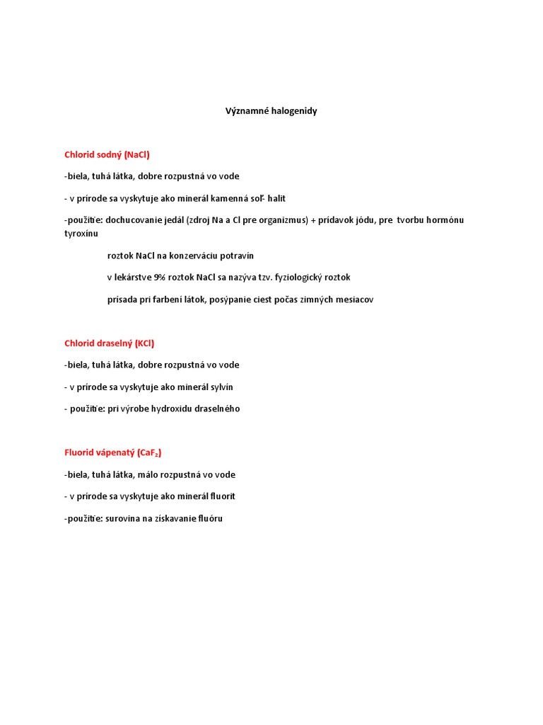 Chlorid Sodný (Nacl) : Významné Halogenidy | PDF