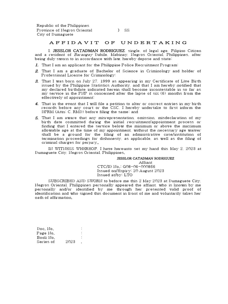 Affidavit of Undertaking For PNP Birth Date - Rodriguez | PDF ...