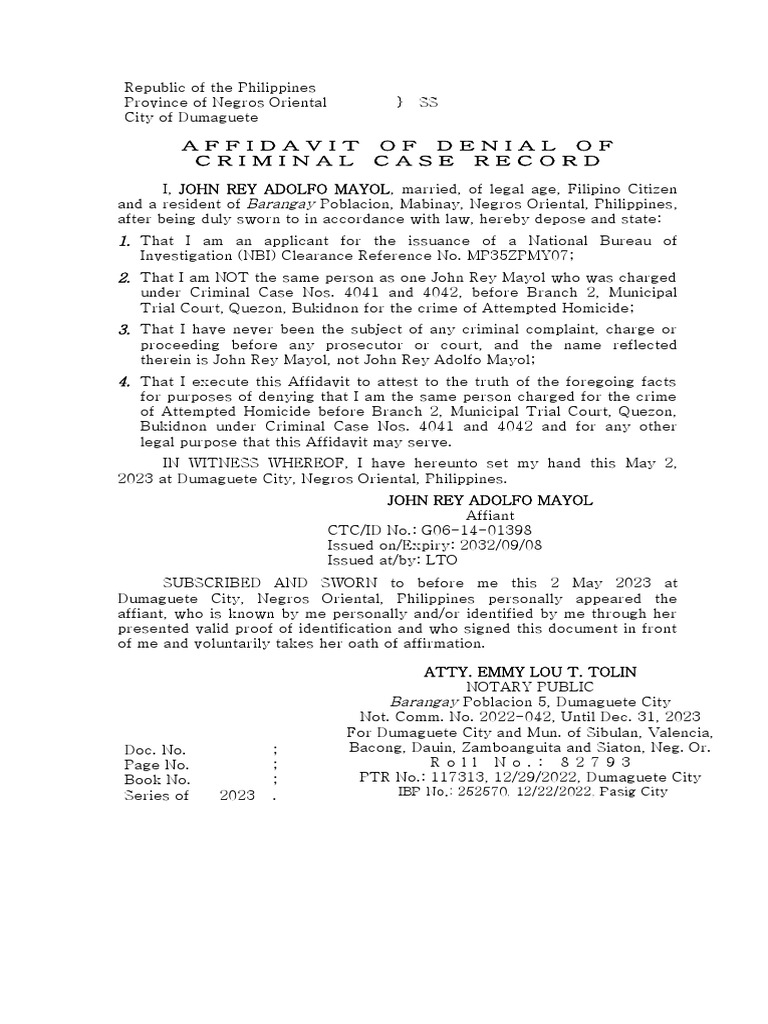 Affidavit of Denial of Criminal Case - John Rey Mayol | PDF