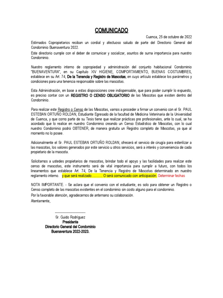 Oficio Mascotas | PDF | Condominio