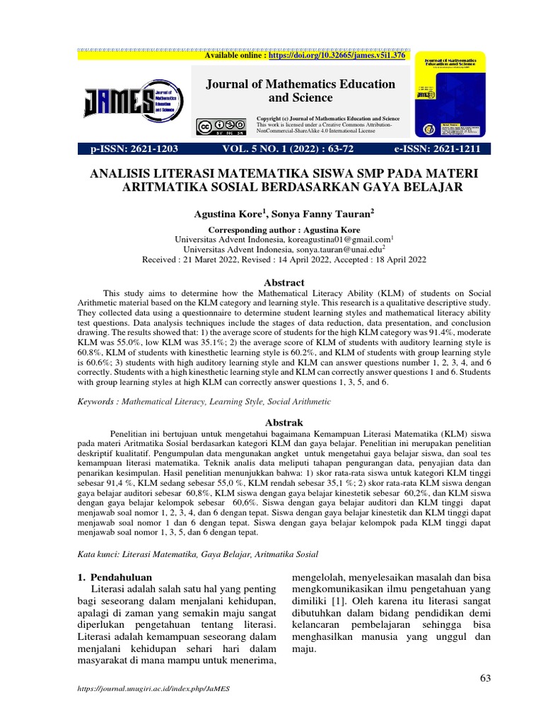 Journal of Mathematics Education and Science: p-ISSN: 2621-1203 VOL. 5 NO. 1 (2022) : 63-72 e ...