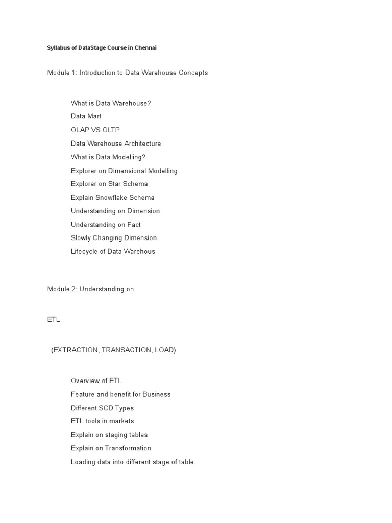 Syllabus of DataStage Course | PDF | Data Warehouse | Databases