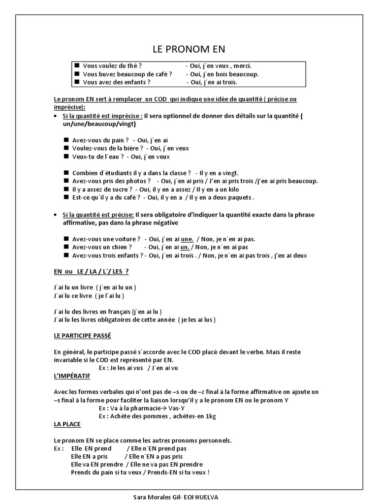 Pronom EN Explication Et Exercices Pour Élèves | PDF
