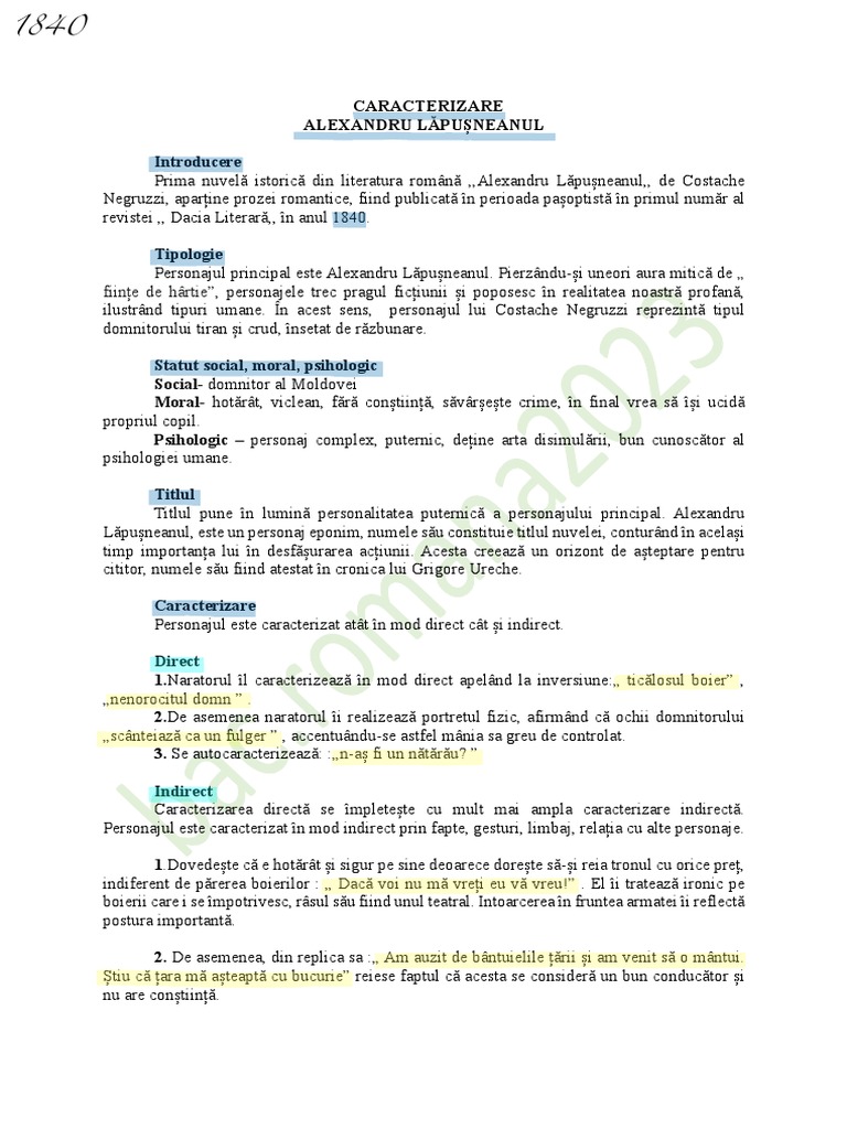 1b. Alexandru Lapusneanul Caracterizare | PDF
