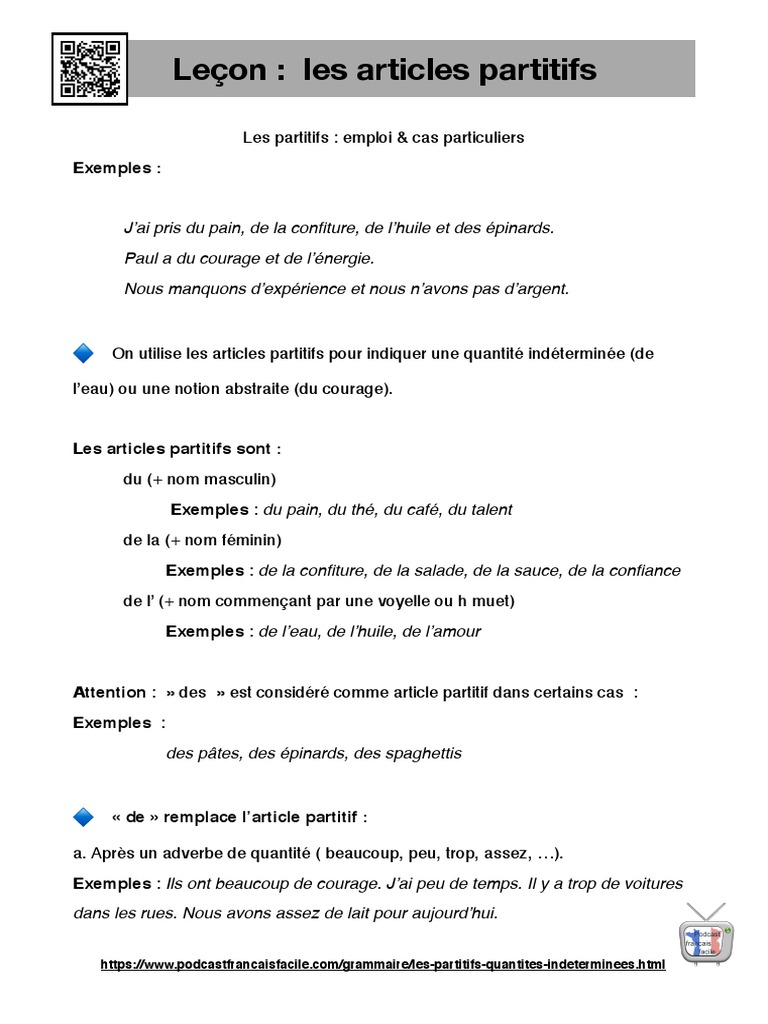 Emploi des articles partitifs en français | PDF | Nourriture et boisson ...