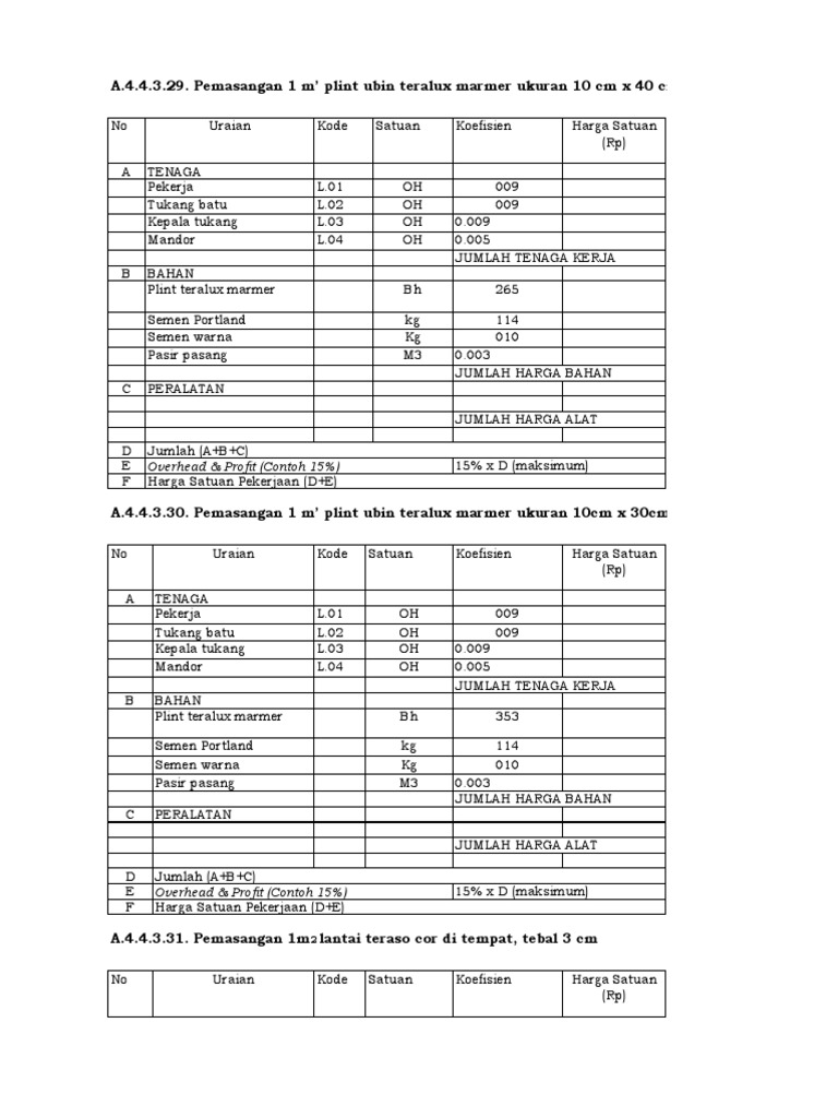 A.4.4.3.29. Pemasangan 1 M' Plint Ubin Teralux Marmer Ukuran 10 CM X 40 CM | PDF