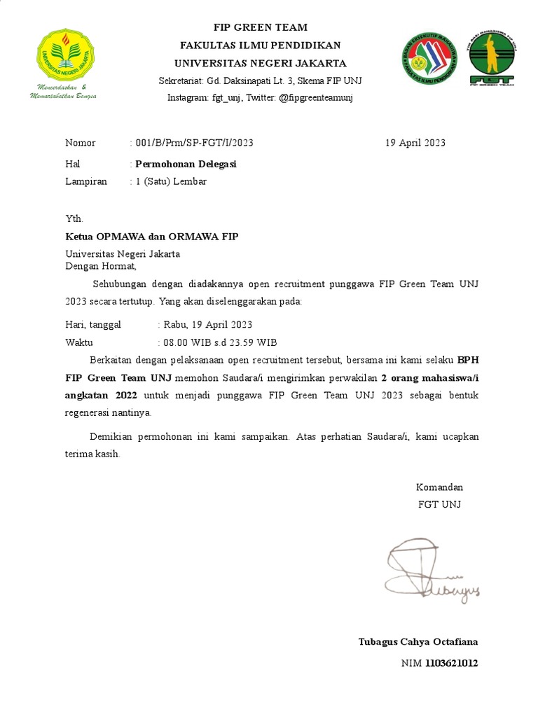 Surat Permohonan Delegasi (FGT UNJ 2023) | PDF