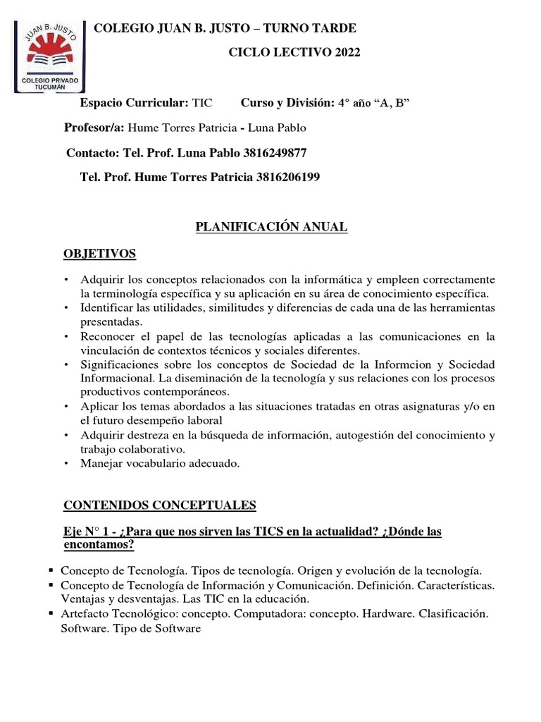 Planificación Anual para el Espacio Curricular de Tecnologías de la Información y Comunicación ...