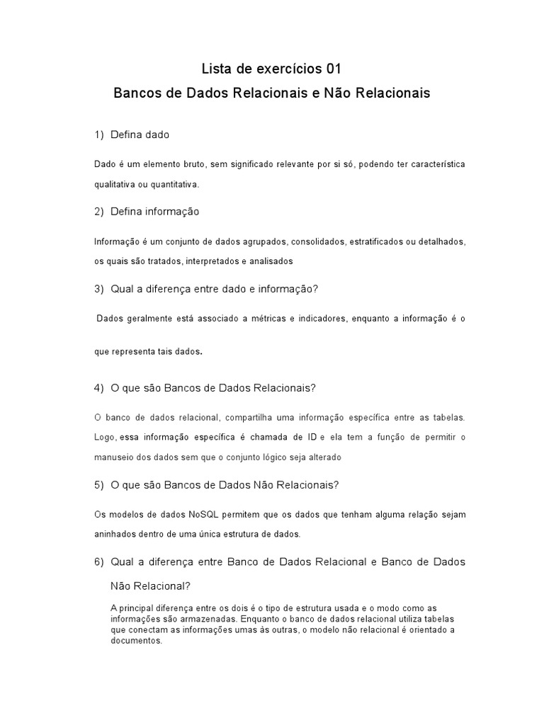 Lista De Exercícios Bancos De Dados Relacionais E Não Relacionais Pdf 