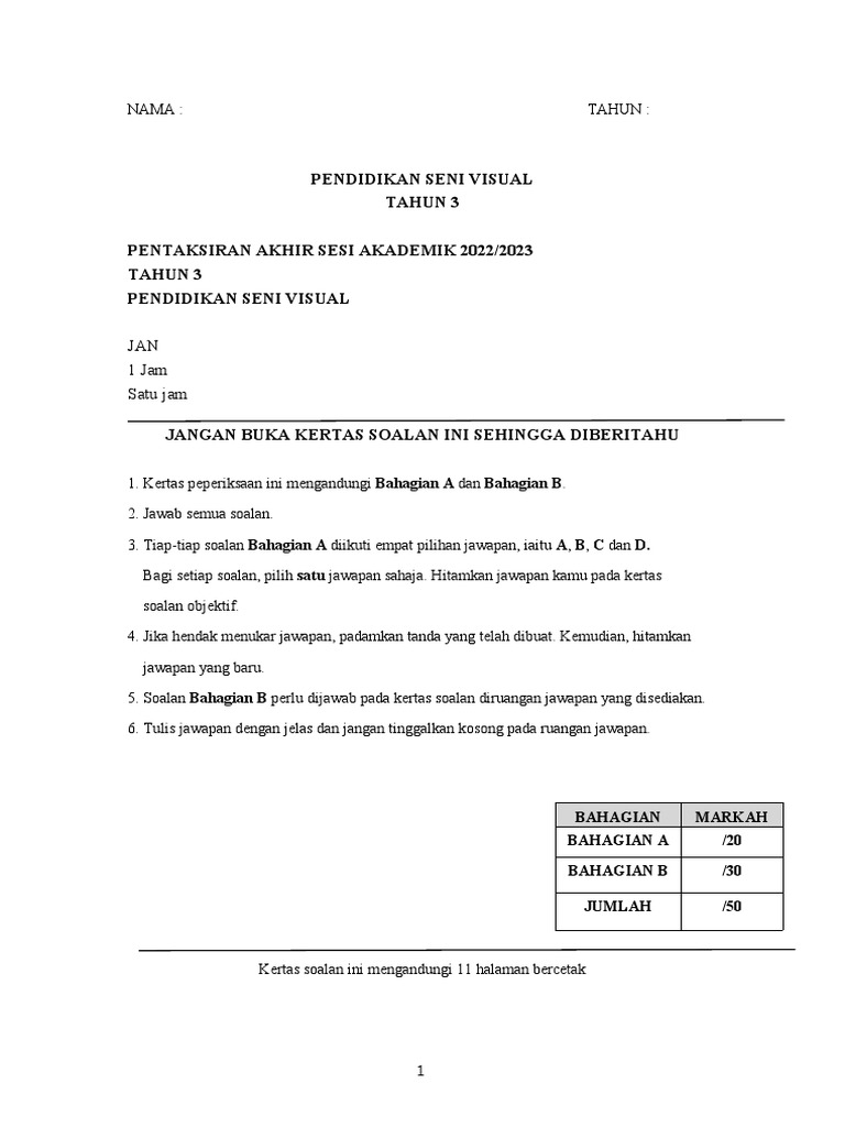 Pendidikan Seni Visual Tahun 3 Pentaksiran Akhir Sesi Akademik 2022/ ...